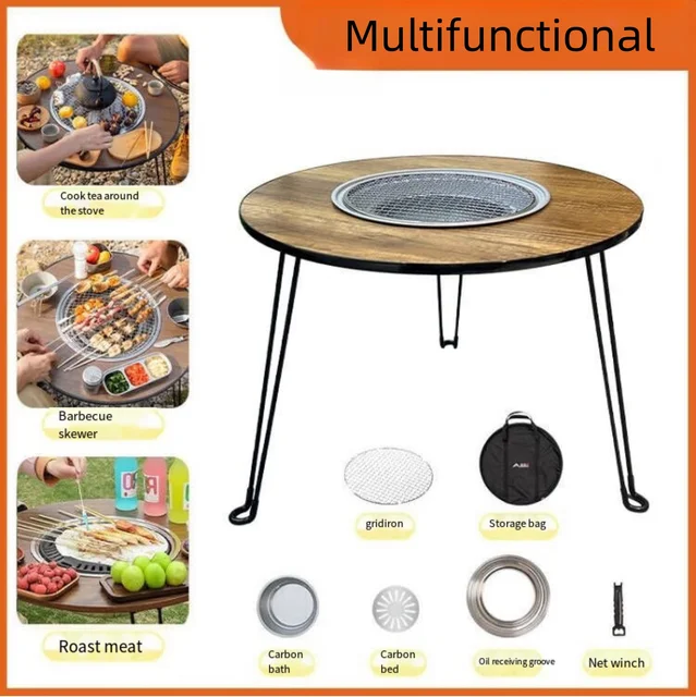Foldable Round Table Grill: Outdoor Barbecue Set